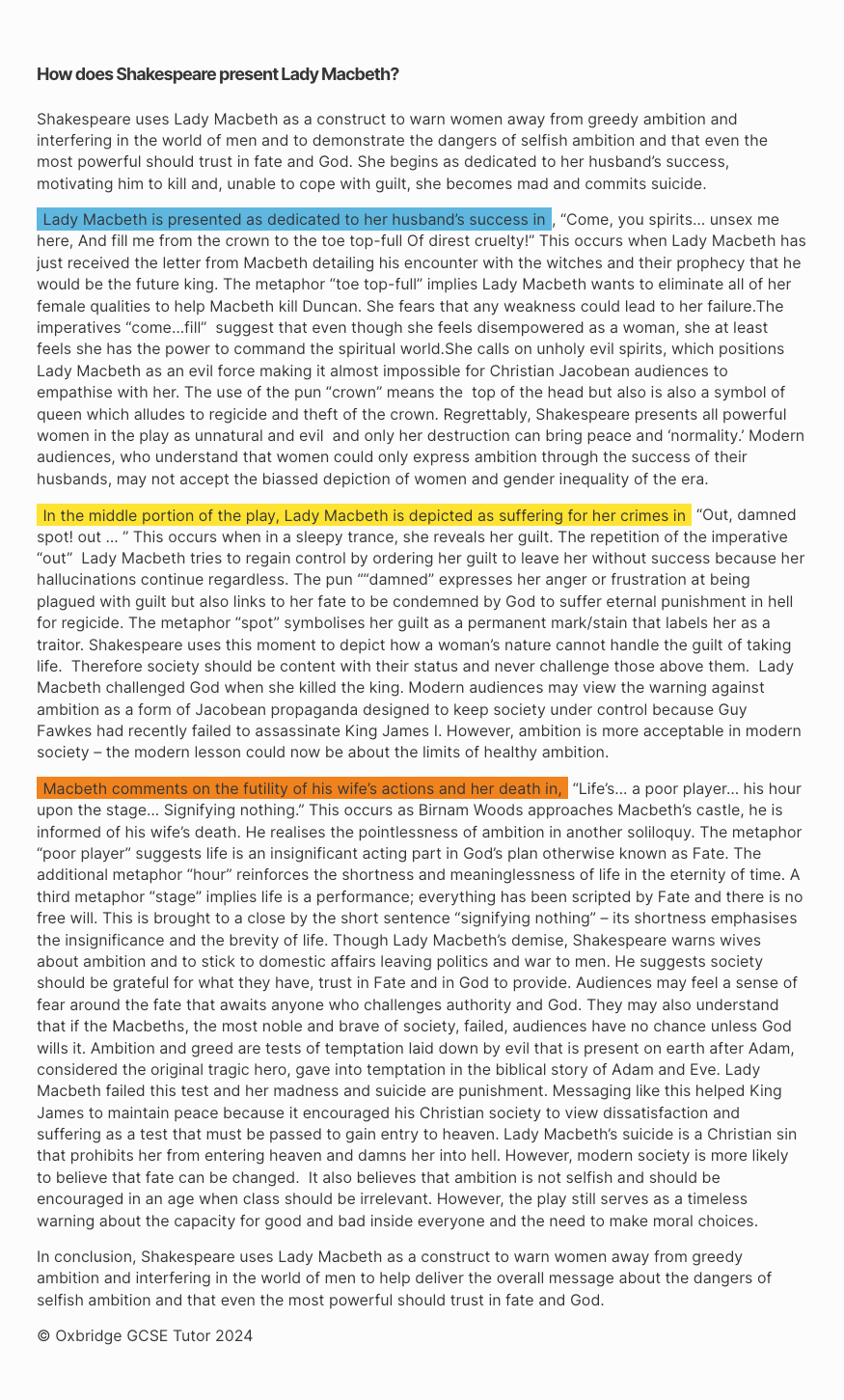 How is Lady Macbeth Presented? Free Grade 9 GCSE Essay and Quotes ...